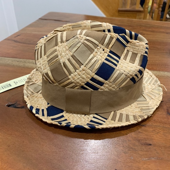 Kate Landry | Accessories | Kate Landry Straw Fedora Hat Woven Tan Navy ...